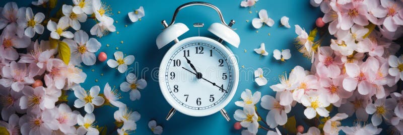 White Alarm Clock and Blossom Branches Springtime Flowers on Blue ...