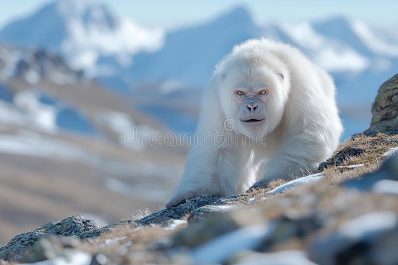 White Albino Yeti on the Background of Snow-capped Mountains Stock ...