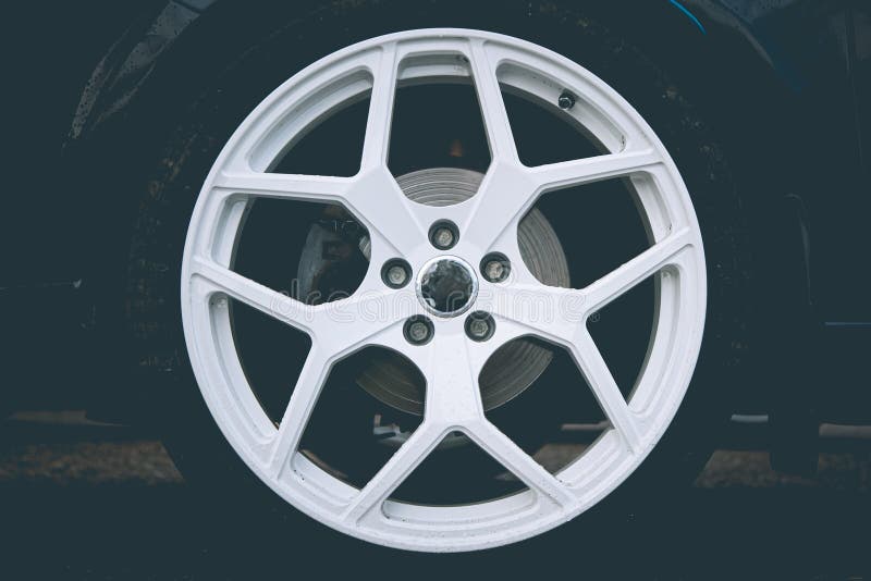 White Alloy or Forged Wheels with Tires on a Car Stock Image - Image of ...