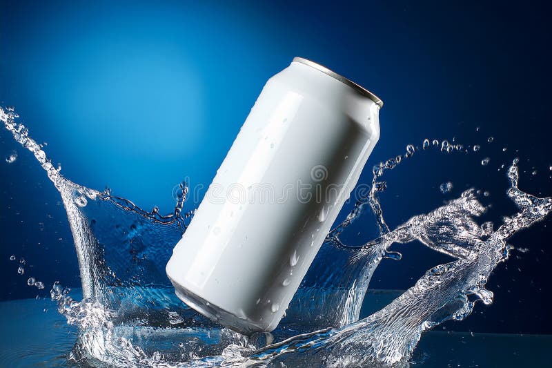 White Aluminium Can Falling into the Water with a Blue Background Stock ...