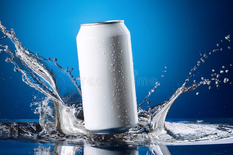 White Aluminium Can Falling into the Water with a Blue Background Stock ...