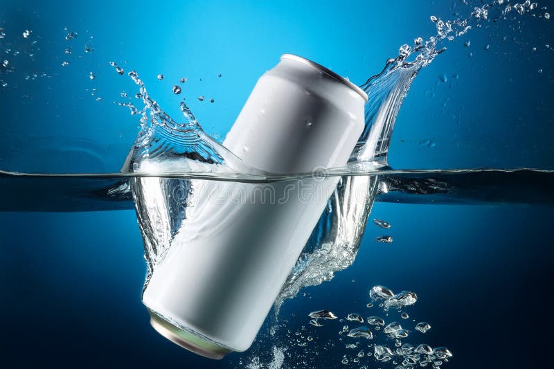 White Aluminium Can Falling into the Water with a Blue Background Stock ...