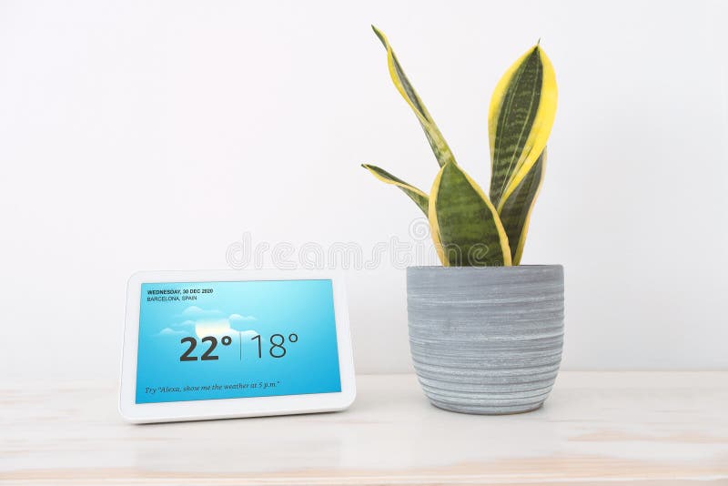 White Amazon Alexa Echo Show in a Living Room. Empty Copy Space Stock ...