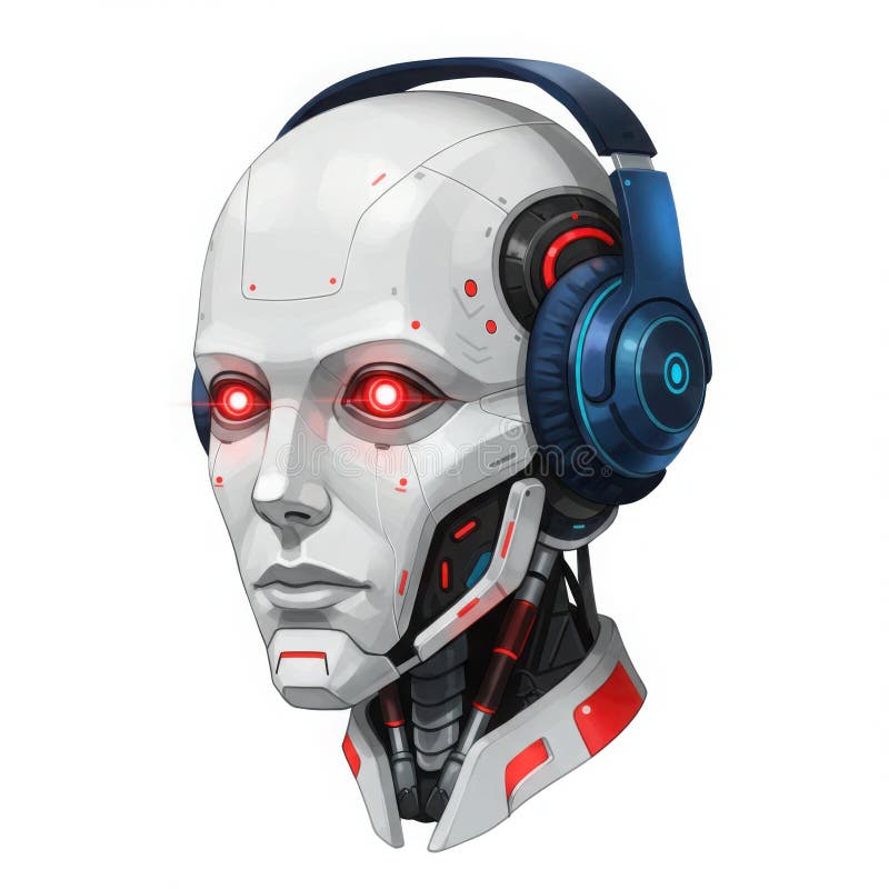Android Head with Headphones and Glowing Red Eyes Isolated on White ...