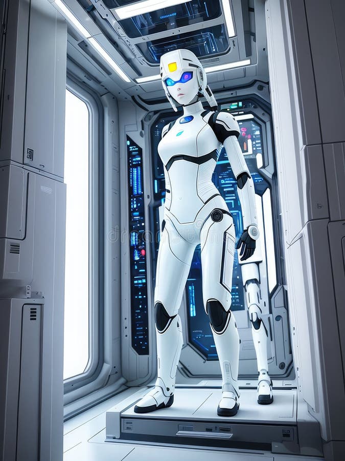 A White Android in the Interior of a Spaceship. Generative by AI Stock ...