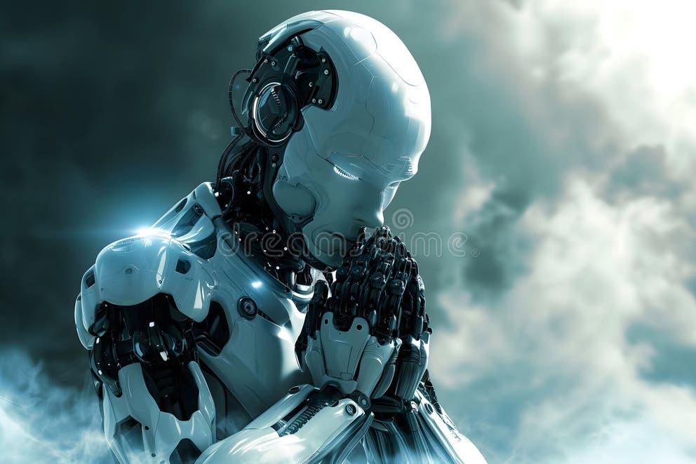 White Android Praying on the Sky Cloud Background Stock Image - Image ...