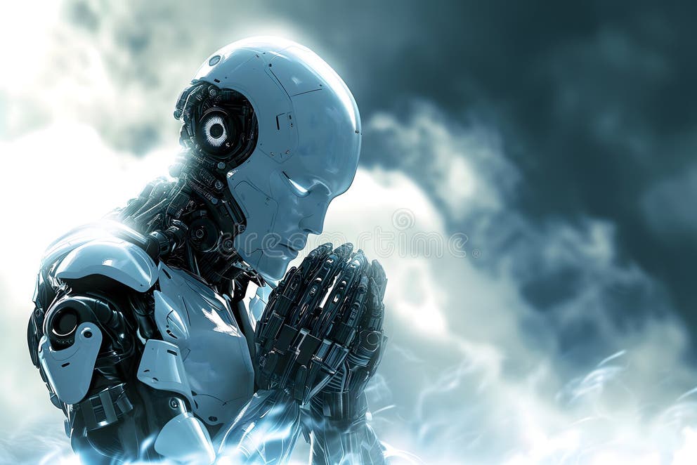 White Android Praying on the Sky Cloud Background Stock Photo - Image ...