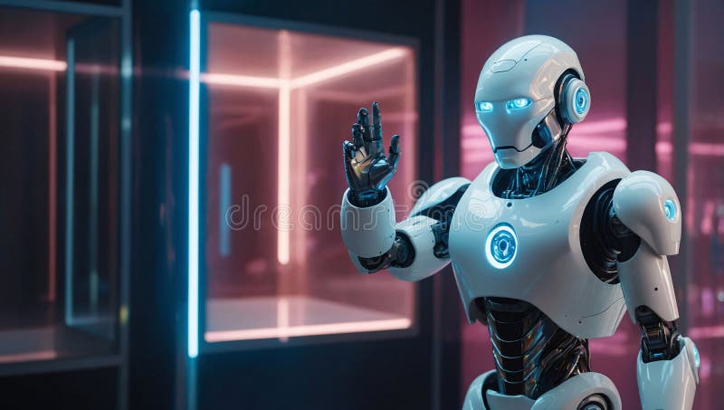 White Android Robot Figure Standing on Cyan Blue Gradient Background ...