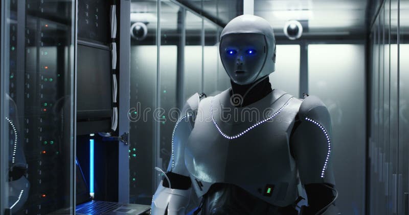 Futuristic Android Robot Working in Server Room Stock Video - Video of ...