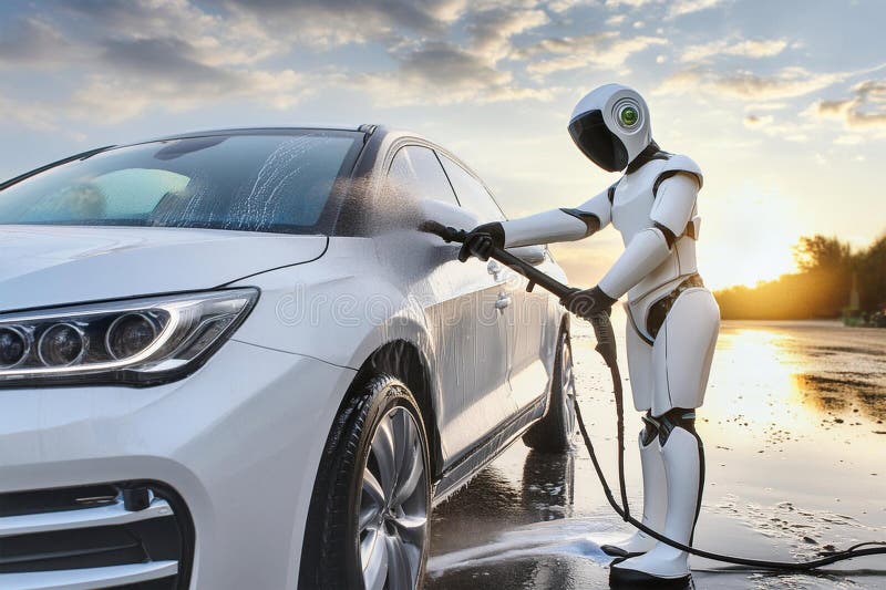 A White Android Robot Washes a Car with a Hose with Water Pressure ...