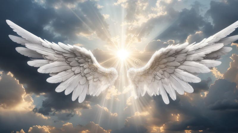 White Angel Wings with a Burst of Light and Cloudy Sky As a Backdrop ...