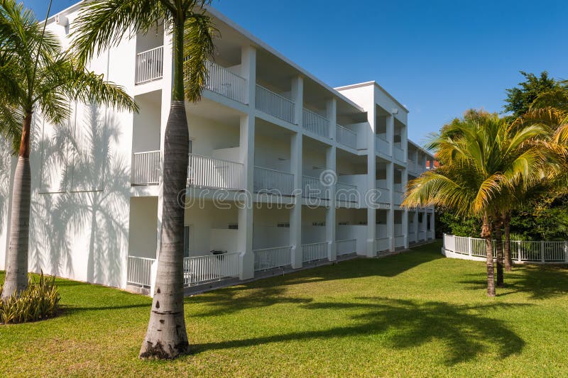 White Apartment Building among the Palm Trees. Stock Image - Image of ...