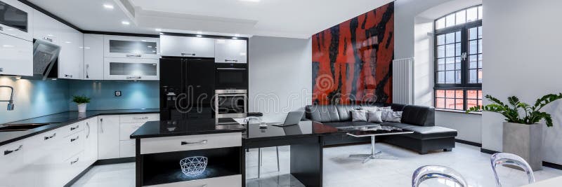 White Apartment with Open Kitchen, Panorama Stock Image - Image of ...
