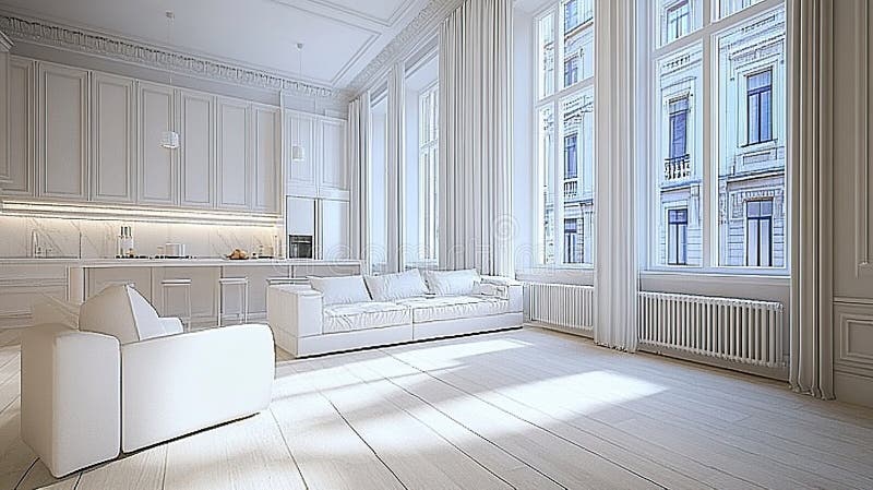 White Apartment Open Plan Kitchen Living Room Sunlight City View Stock ...
