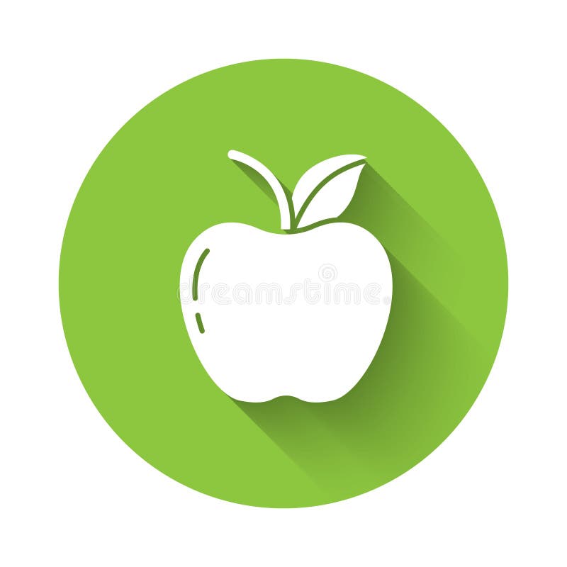 White Apple Icon Isolated with Long Shadow. Fruit with Leaf Symbol ...
