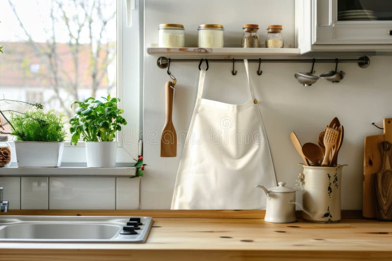 A White Apron Hangs on a Kitchen Counter, Ready for Use Stock Image ...