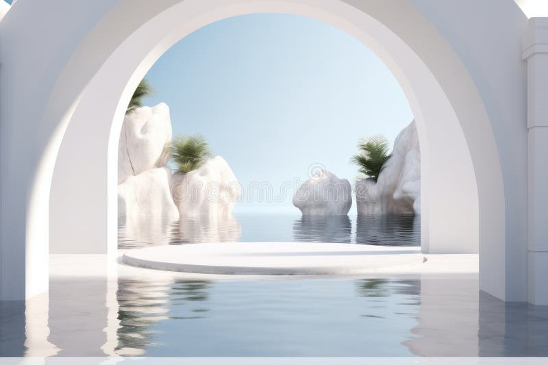 White Arch Background with Marble Podium on Water for Product ...