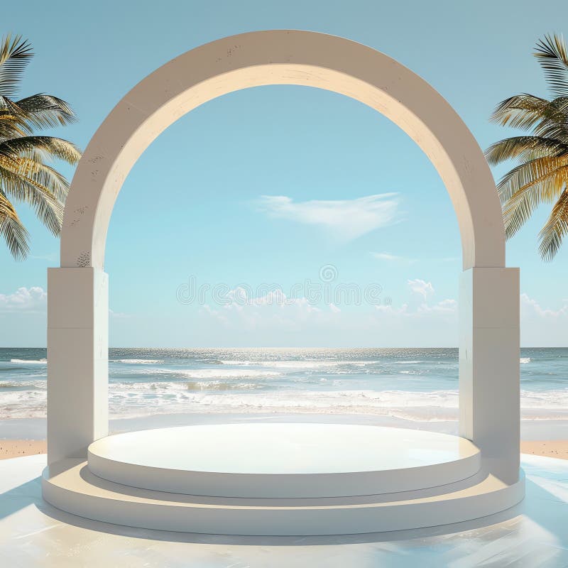 White Arch Frames a Tranquil Beach, Clear Sky, and Palm Trees, Evoking ...