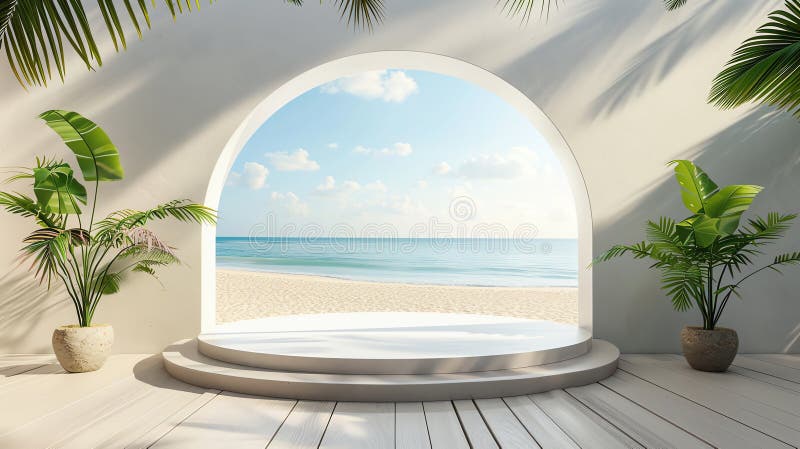 White Arch Frames a Tranquil Beach, Clear Sky, and Palm Trees, Evoking ...