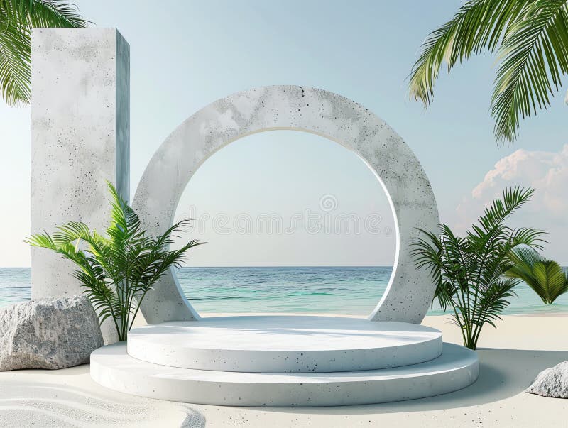 White Arch Frames a Tranquil Beach, Clear Sky, and Palm Trees, Evoking ...