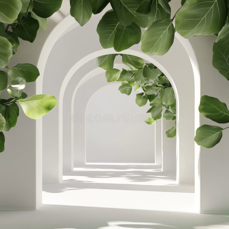 White Arch with Green Leaves on White Background. 3D Illustration Stock ...