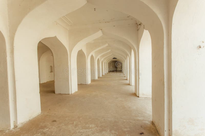 White Arches in Indian House with Long Corridor Inside. Old Building in ...