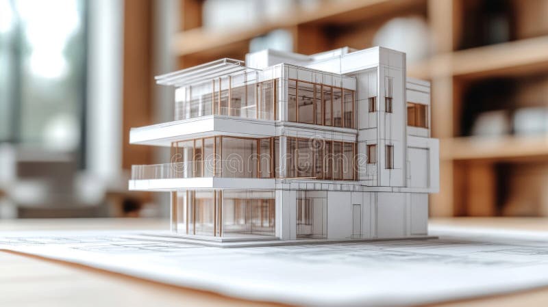 White Architectural House Model on Blueprint Stock Illustration ...