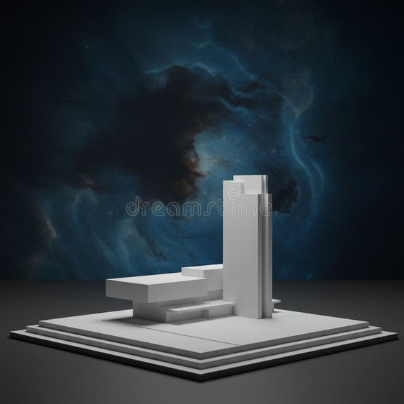 A White Architectural Model Sits on a Tiered Base with a Tall ...