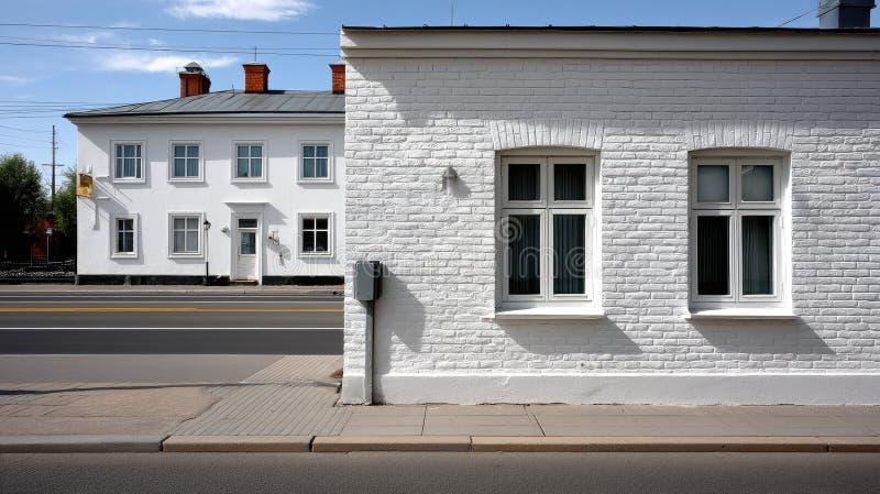 White Architectural Wall Features Windows Against Gray Asphalt ...
