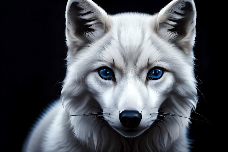 White Arctic Fox with Blue Eyes Portrait, on Black Background. Image ...