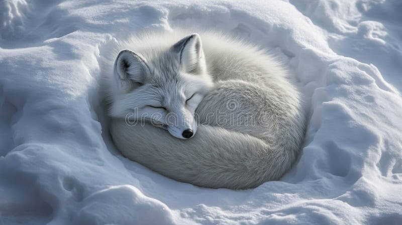 A White Arctic Fox Curled Up Sleeping in the Snow Stock Illustration ...