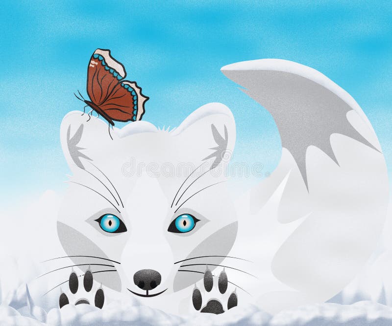 White Arctic Fox Playing in the Snow with a Mourning Cloak Butterfly ...