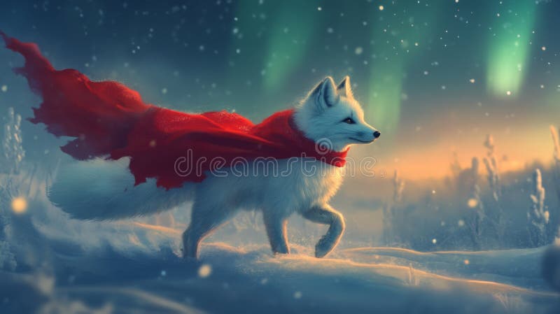 A White Arctic Fox in a Red Cape Walks through a Snowy Landscape at ...