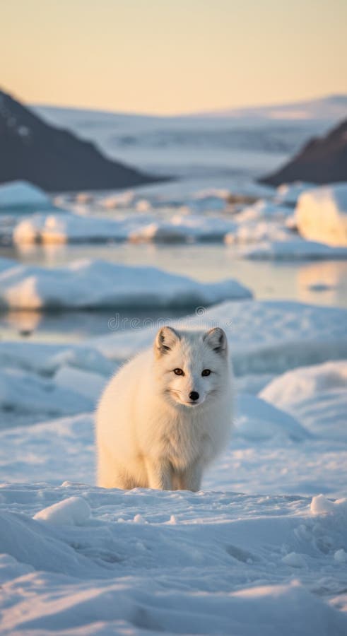 White Arctic Fox on Snowy Glacier in Iceland at Sunset Stock ...