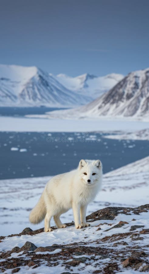 White Arctic Fox in Snowy Mountain Landscape Stock Illustration ...