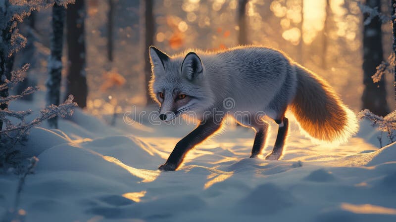 A White Arctic Fox Walking through a Snowy Forest at Sunset Stock ...