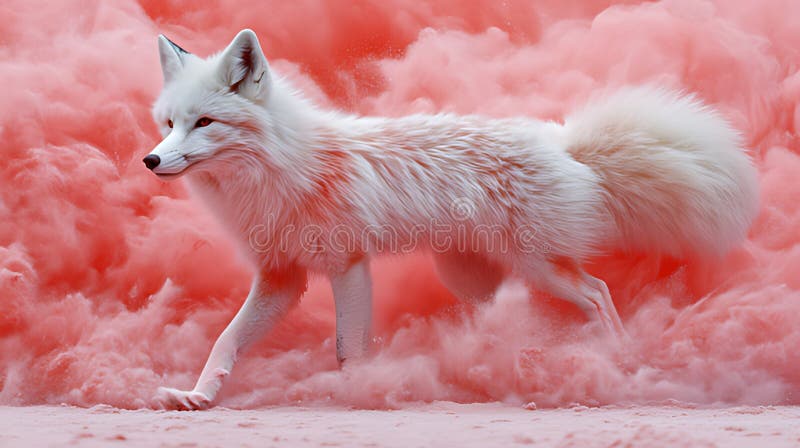 A White Arctic Fox Walks through a Cloud of Pink Smoke Stock ...