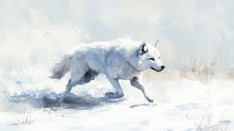 White Arctic Wolf Running in Snowy Landscape Stock Illustration ...