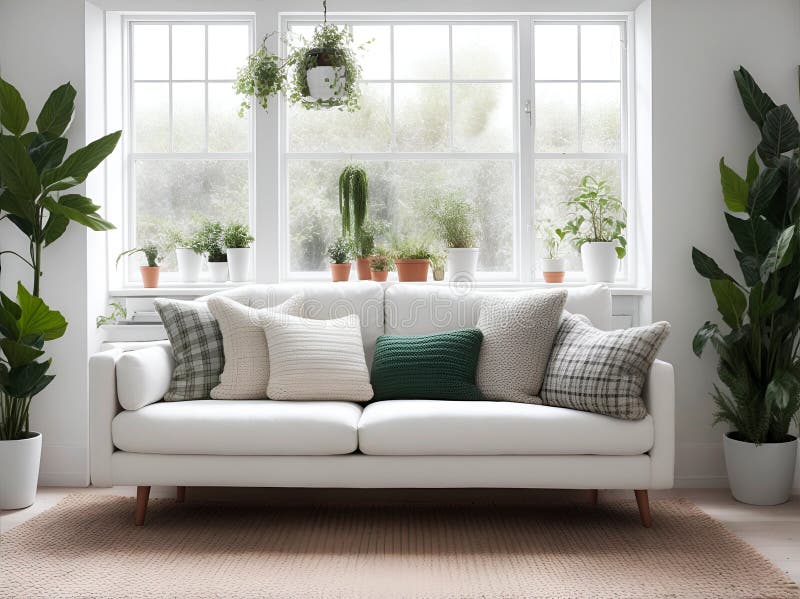 White Arm Chair in Front of a Window with Two Plants and a Carpet Stock ...