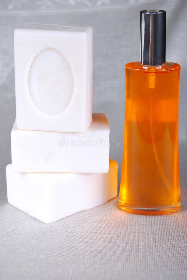 White Aromatic Fragrant Soap Bars and Massage Oil Stock Image - Image ...