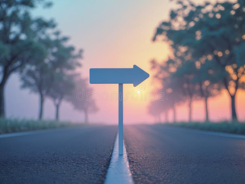 White Arrow Direction on Asphalt Road with Sunset and Trees in ...