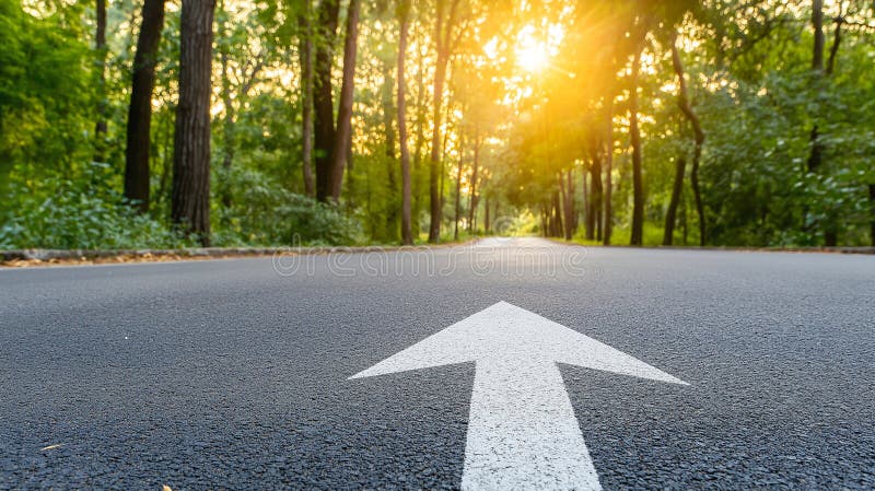 White Arrow Points Forward on Sunlit Forest Road Symbolizing Direction ...