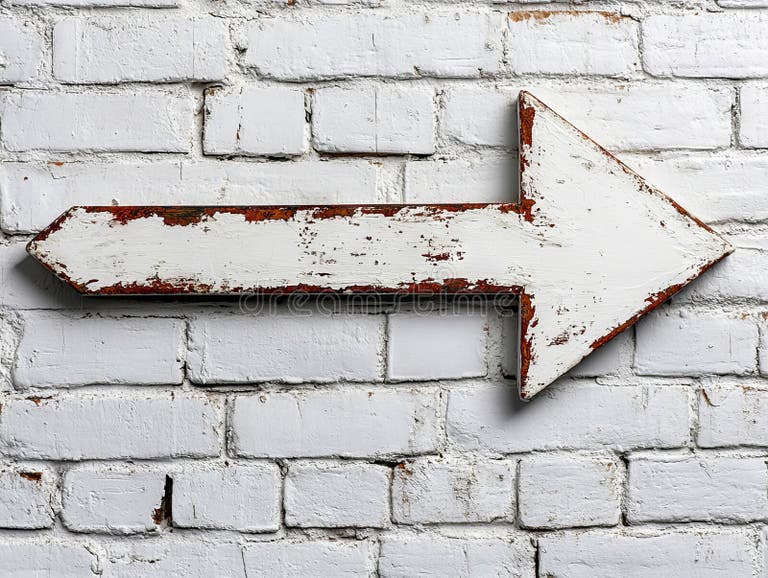 A White Arrow Sign on a White Brick Wall Stock Image - Image of aged ...