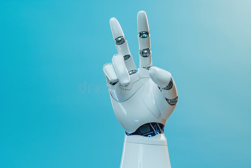 White Artificial Intelligence Robot Hand Showing Peace Sign on Blue ...