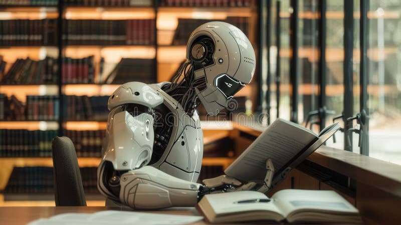 A White Artificial Intelligence Robot Sits at a Table in a Library ...