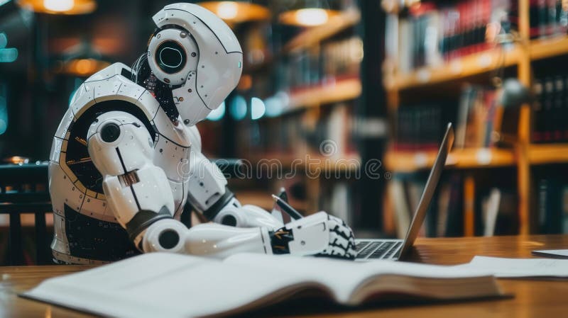A White Artificial Intelligence Robot Sits at a Table in a Library ...