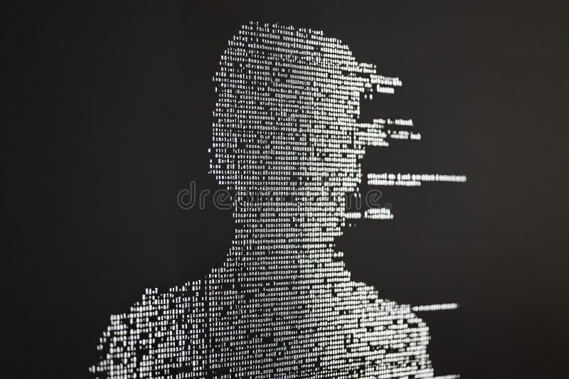 White Ascii Text in the Form of a Hacker on a Black Background Stock ...