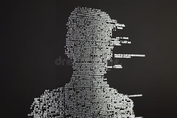 White Ascii Text in the Form of a Hacker on a Black Background Stock ...