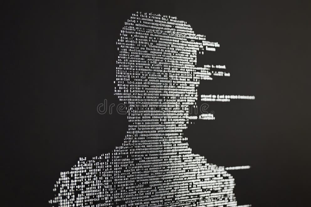 White Ascii Text in the Form of a Hacker on a Black Background Stock ...
