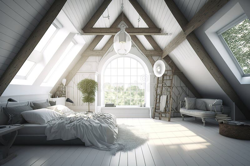 White Attic Master Bedroom Interior Stock Illustration - Illustration ...